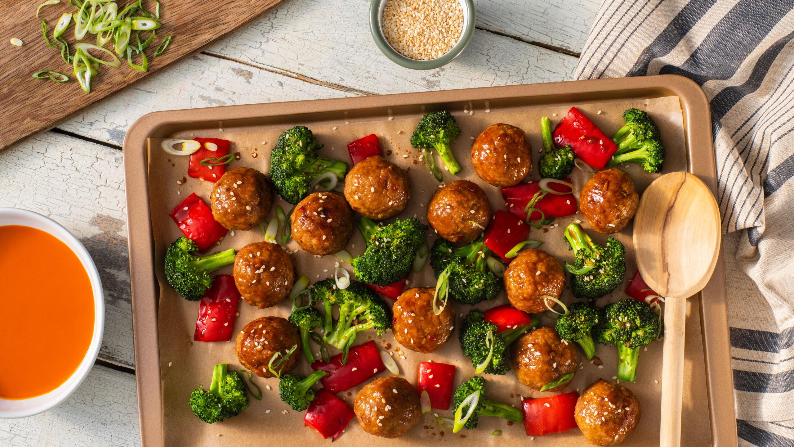 Firecracker Chicken Meatball Sheet Pan Dinner - Louisiana Hot Sauce